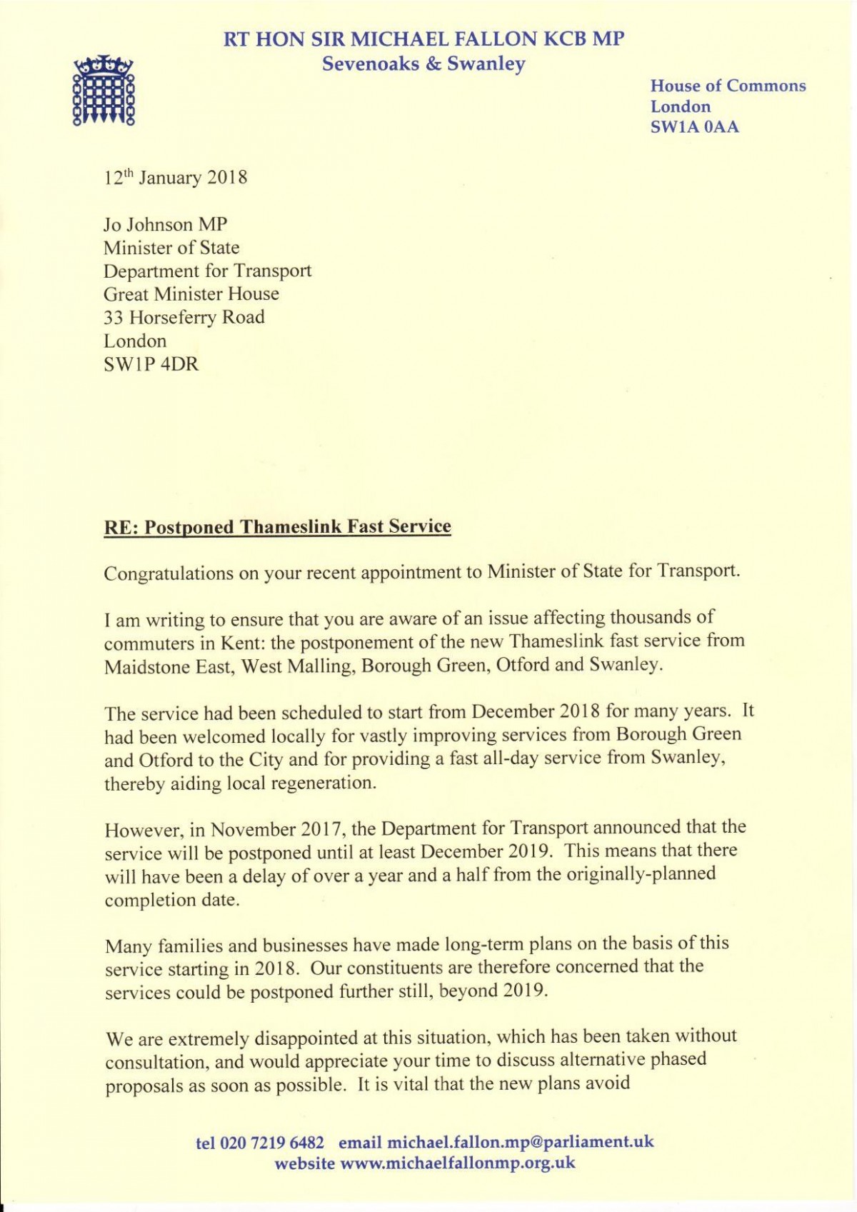 Kent MPs Letter to Rail Minister on Postponed Thameslink Fast Service ...
